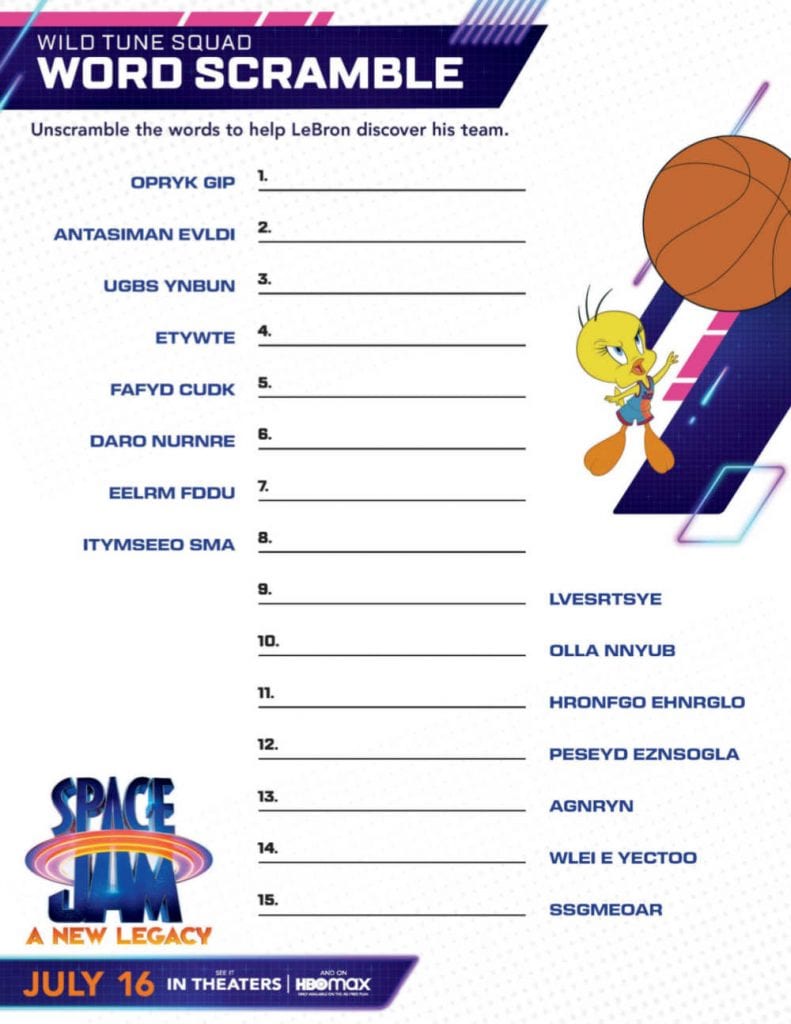 Free Printable Space Jam Word Scramble Puzzle - Mama Likes This