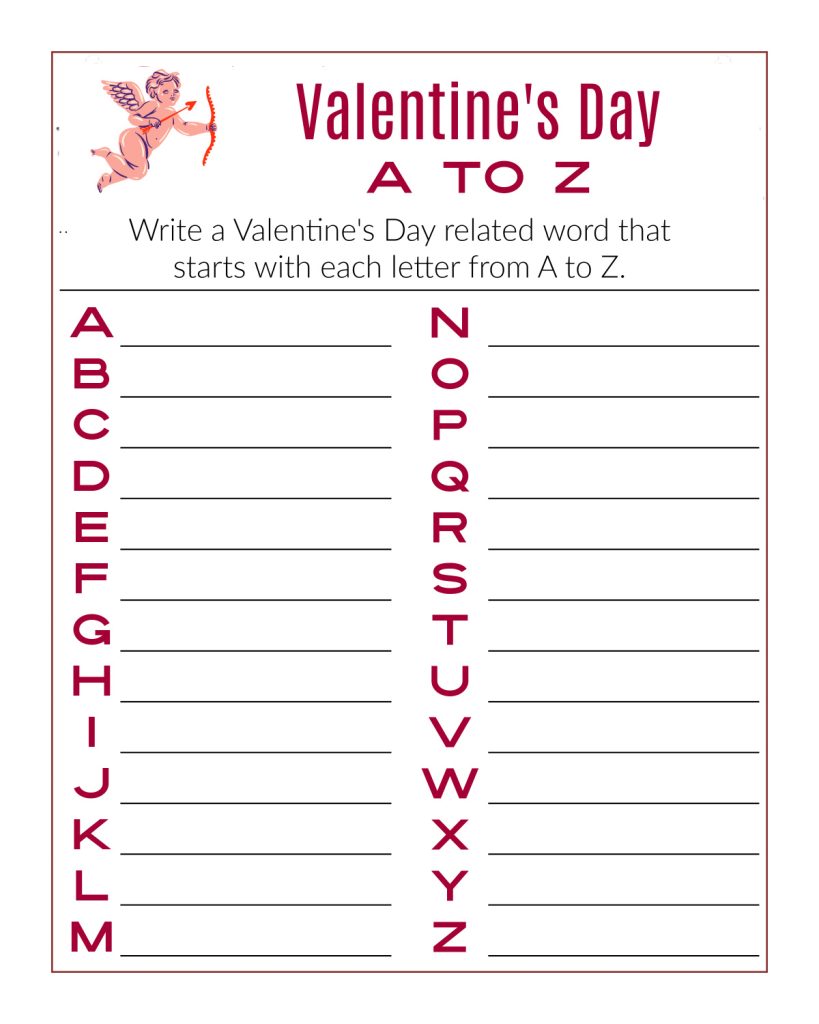 Free A to Z Valentine Word Activity Page - Mama Likes This
