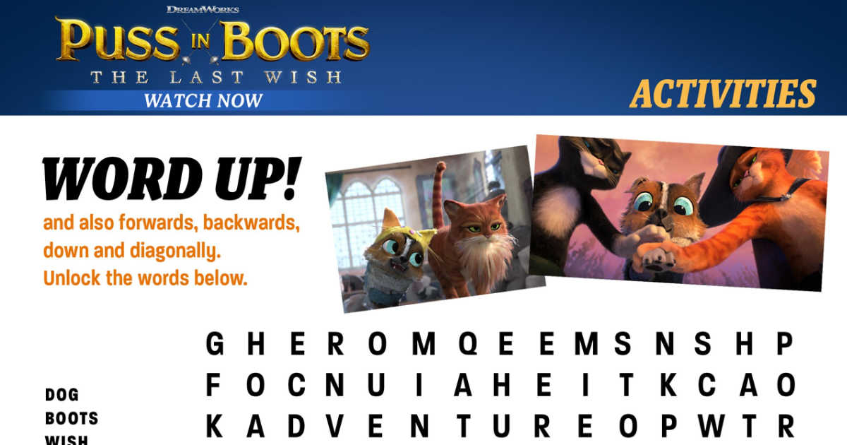 Free Printable Puss in Boots Word Search - Mama Likes This
