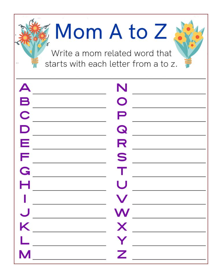 Free Printable A to Z Mom Word Activity Page - Mama Likes This