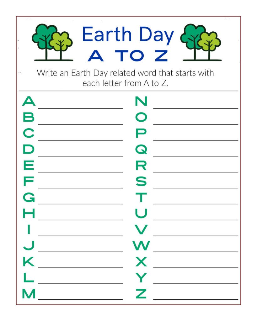Free A to Z Earth Day Word Activity Page - Mama Likes This