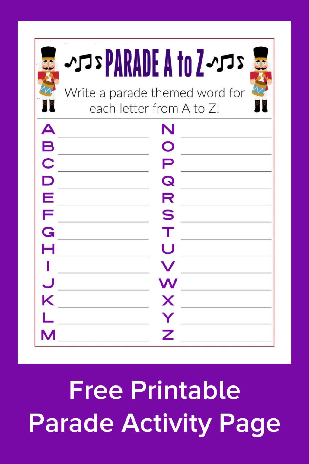Free Printable Parade A to Z Word Activity Page 🎉🎺 - Mama Likes This